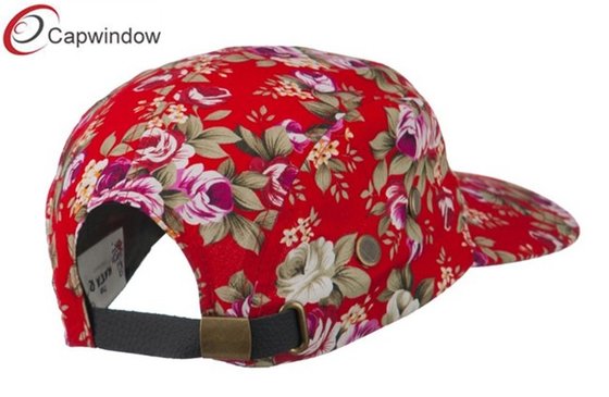 Red 5 Panel Flat Bill Cotton Baseball Caps with Flower Print Patterns /  Buckle Strap Closure
