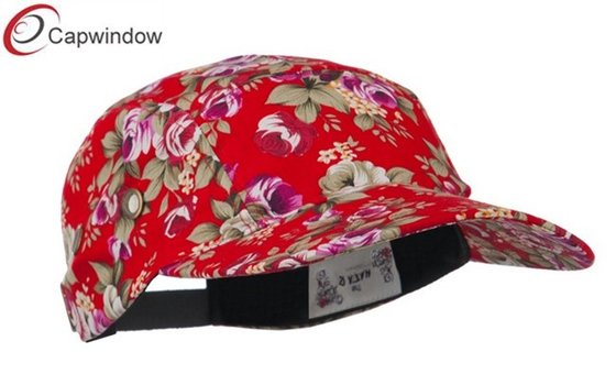 Red 5 Panel Flat Bill Cotton Baseball Caps with Flower Print Patterns /  Buckle Strap Closure