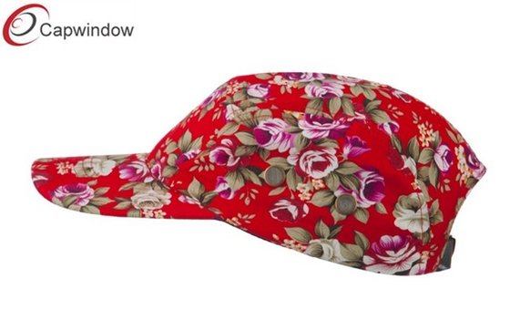 Red 5 Panel Flat Bill Cotton Baseball Caps with Flower Print Patterns /  Buckle Strap Closure
