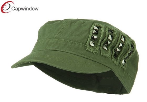 Olive Side Studs Cotton Fitted Military Baseball Hats with Elastic Band Closure / Flat Top Cap