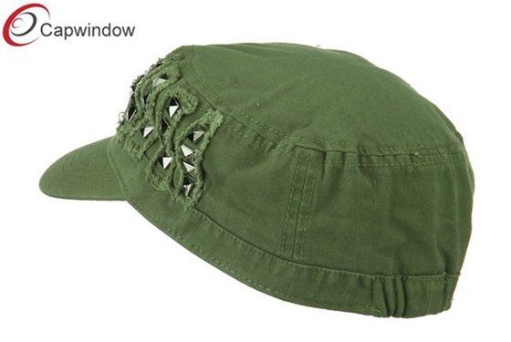Olive Side Studs Cotton Fitted Military Baseball Hats with Elastic Band Closure / Flat Top Cap