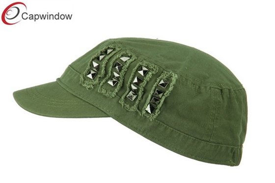 Olive Side Studs Cotton Fitted Military Baseball Hats with Elastic Band Closure / Flat Top Cap
