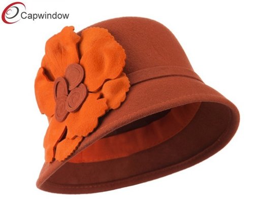 Rust Flat Flower Wool Felt Cloche Hat / Fisherman Bucket Hat for Women