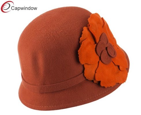 Rust Flat Flower Wool Felt Cloche Hat / Fisherman Bucket Hat for Women