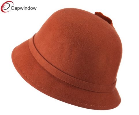 Rust Flat Flower Wool Felt Cloche Hat / Fisherman Bucket Hat for Women
