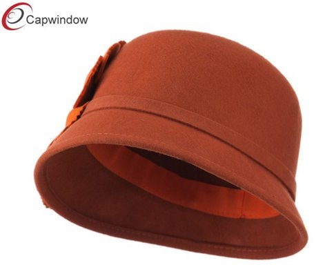 Rust Flat Flower Wool Felt Cloche Hat / Fisherman Bucket Hat for Women