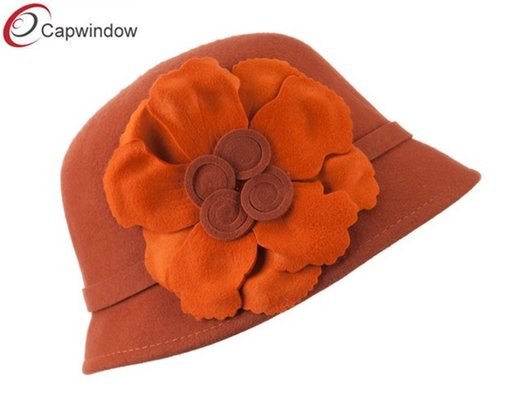 Rust Flat Flower Wool Felt Cloche Hat / Fisherman Bucket Hat for Women