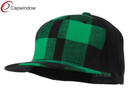Black Green Plaid Flex Fitted Baseball Caps with Cotton and Acrylic