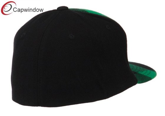 Black Green Plaid Flex Fitted Baseball Caps with Cotton and Acrylic