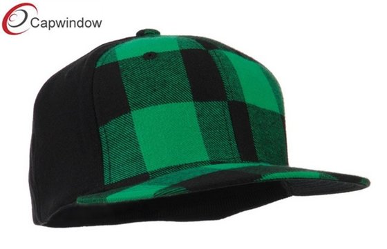 Black Green Plaid Flex Fitted Baseball Caps with Cotton and Acrylic
