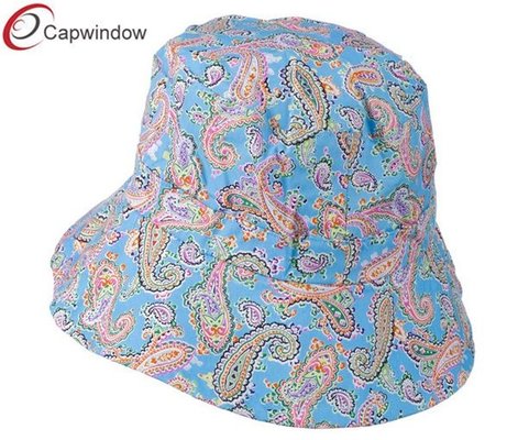 Blue Girl's Cotton Paisley Print Fisherman Bucket Hat / With Adjustable Tie String