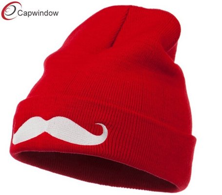 Pure Acrylic Beanie Winter Hats Red Mustache Embroidered With Long Cuff