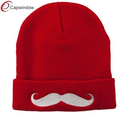 Pure Acrylic Beanie Winter Hats Red Mustache Embroidered With Long Cuff