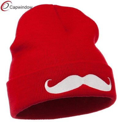 Pure Acrylic Beanie Winter Hats Red Mustache Embroidered With Long Cuff