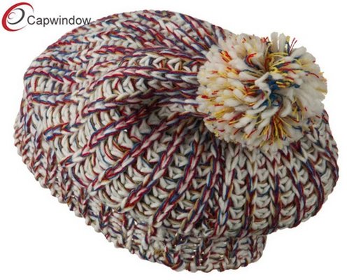 Cream Women Beanie Winter Hats Acrylic Rainbow Soft Knitted