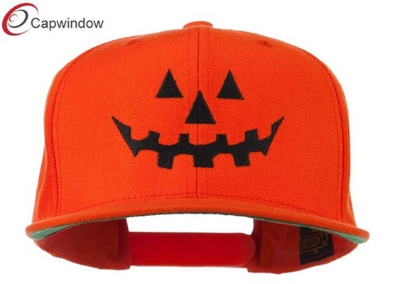 Embroidered Acrylic Wool Fitted Baseball Caps , Orange Halloween Pumpkin Face Design