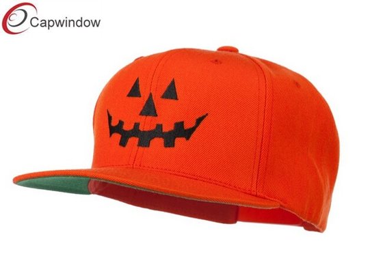 Embroidered Acrylic Wool Fitted Baseball Caps , Orange Halloween Pumpkin Face Design
