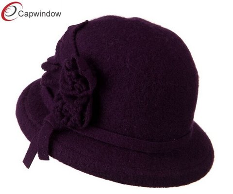 Purple Rose Leaf Detailed Wool Fishing Bucket Hat ， Women Winter Hat