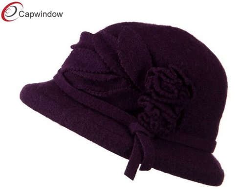 Purple Rose Leaf Detailed Wool Fishing Bucket Hat ， Women Winter Hat
