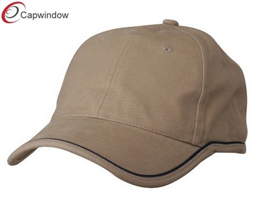 Khaki Navy Piping Decoration Embroidered Baseball Caps with Velcro Strap Closure