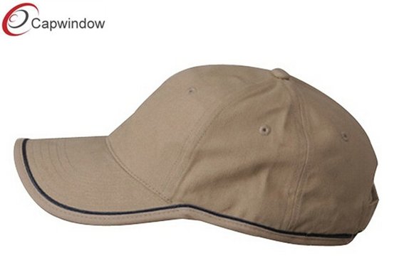 Khaki Navy Piping Decoration Embroidered Baseball Caps with Velcro Strap Closure