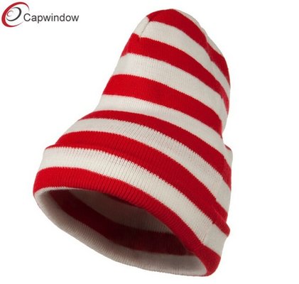 Acrylic Beanie Winter Hats , Red White Wide Stripe Cuff Knitted Hat