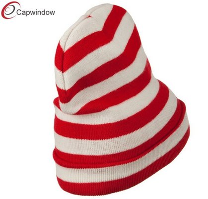 Acrylic Beanie Winter Hats , Red White Wide Stripe Cuff Knitted Hat