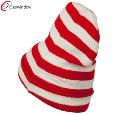 Acrylic Beanie Winter Hats , Red White Wide Stripe Cuff Knitted Hat