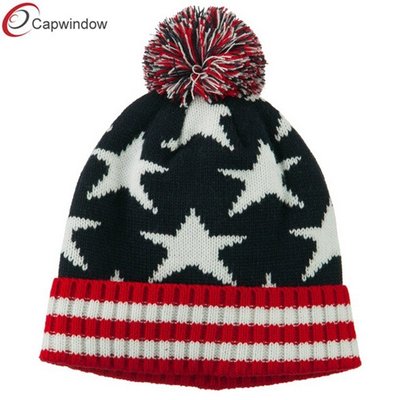 American Flag Pom Knit Beanie Winter Hats Acrylic for Adult / Unisex