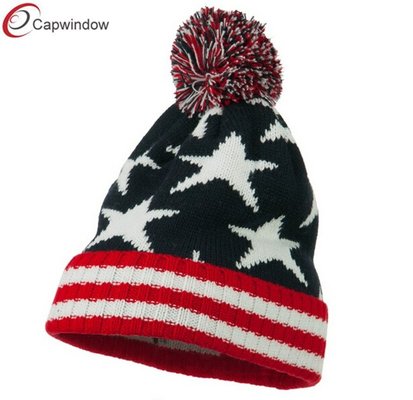 American Flag Pom Knit Beanie Winter Hats Acrylic for Adult / Unisex