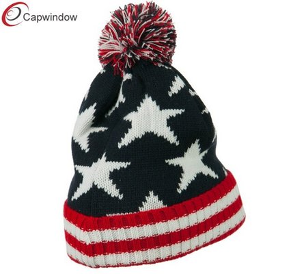 American Flag Pom Knit Beanie Winter Hats Acrylic for Adult / Unisex