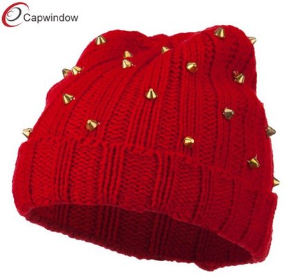 Berry Hematite Stud Knit Winter Hats Red Elastic For Ladies