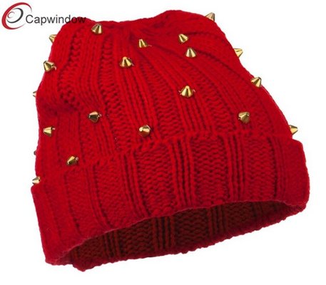 Berry Hematite Stud Knit Winter Hats Red Elastic For Ladies