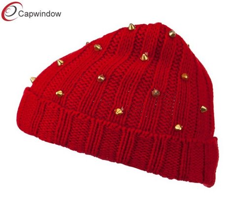 Berry Hematite Stud Knit Winter Hats Red Elastic For Ladies