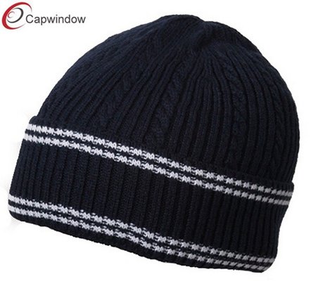 Navy White Cable Cuff Knit Winter Hats Acrylic Warm 3D Embroidery Logo
