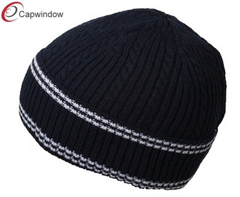 Navy White Cable Cuff Knit Winter Hats Acrylic Warm 3D Embroidery Logo