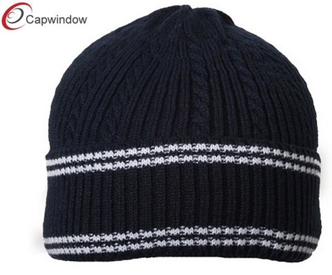 Navy White Cable Cuff Knit Winter Hats Acrylic Warm 3D Embroidery Logo