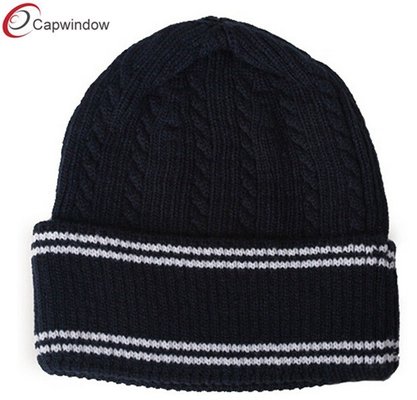 Navy White Cable Cuff Knit Winter Hats Acrylic Warm 3D Embroidery Logo