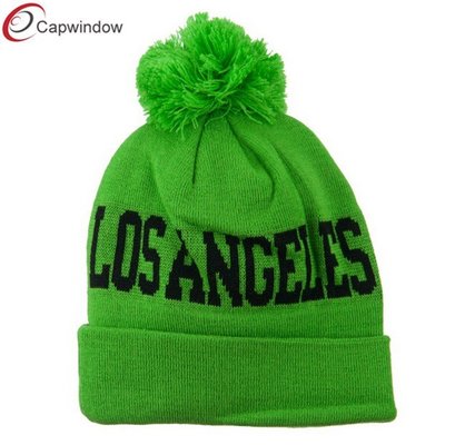 Pure Acrylic Knit Winter Hats Green Neon Los Angeles College Town Pom