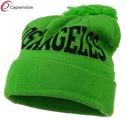 Pure Acrylic Knit Winter Hats Green Neon Los Angeles College Town Pom