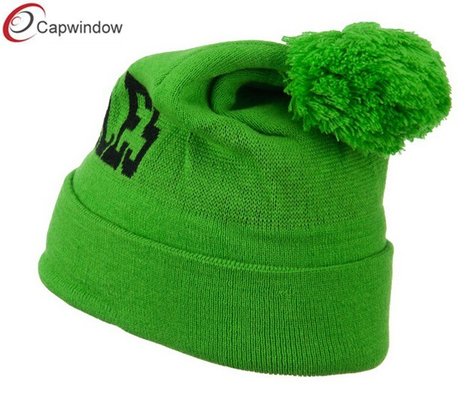 Pure Acrylic Knit Winter Hats Green Neon Los Angeles College Town Pom