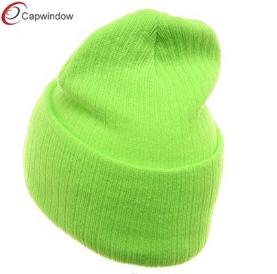 Lime Acrylic Ribbed Cuff Ski Winter Hats , Flexibility Knitted Hat