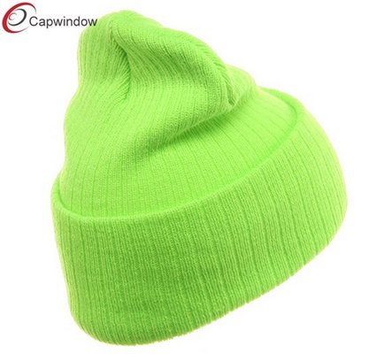 Lime Acrylic Ribbed Cuff Ski Winter Hats , Flexibility Knitted Hat