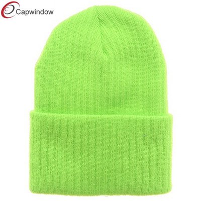 Lime Acrylic Ribbed Cuff Ski Winter Hats , Flexibility Knitted Hat