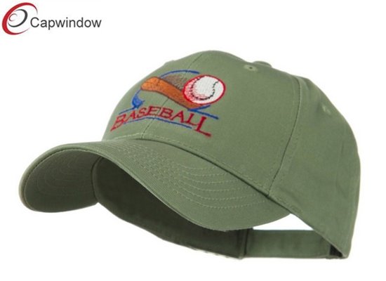 Velcrorized Closure Cotton Baseball Caps , Olive Baseball Bat and Ball Embroidery Cap