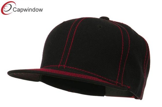 Black Red Contrast Stitch Flat Bill Snapback Baseball Caps with Acrylic and Plastic Closure