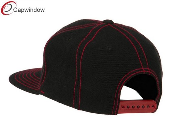 Black Red Contrast Stitch Flat Bill Snapback Baseball Caps with Acrylic and Plastic Closure