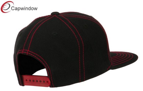 Black Red Contrast Stitch Flat Bill Snapback Baseball Caps with Acrylic and Plastic Closure