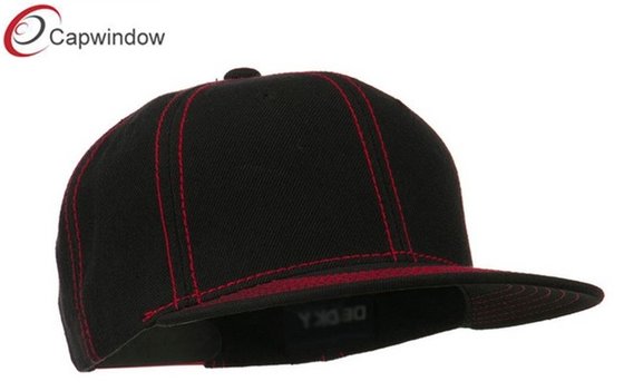 Black Red Contrast Stitch Flat Bill Snapback Baseball Caps with Acrylic and Plastic Closure