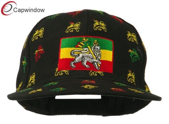 Acrylic Velcrorized Strap Closure Snapback Baseball Cap , Black Rasta Lion Print Flat Bill Cap